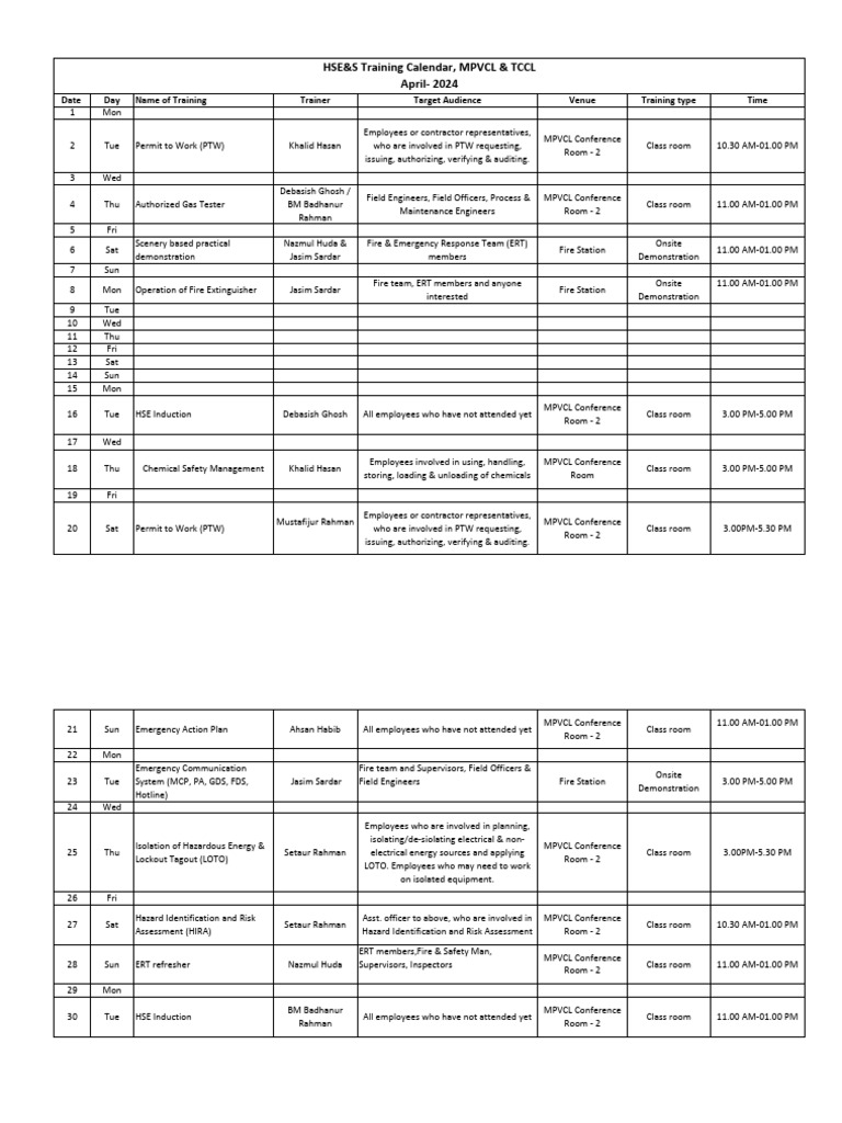HSE&S Training Calendar April-2024 | Download Free PDF | Labor ...
