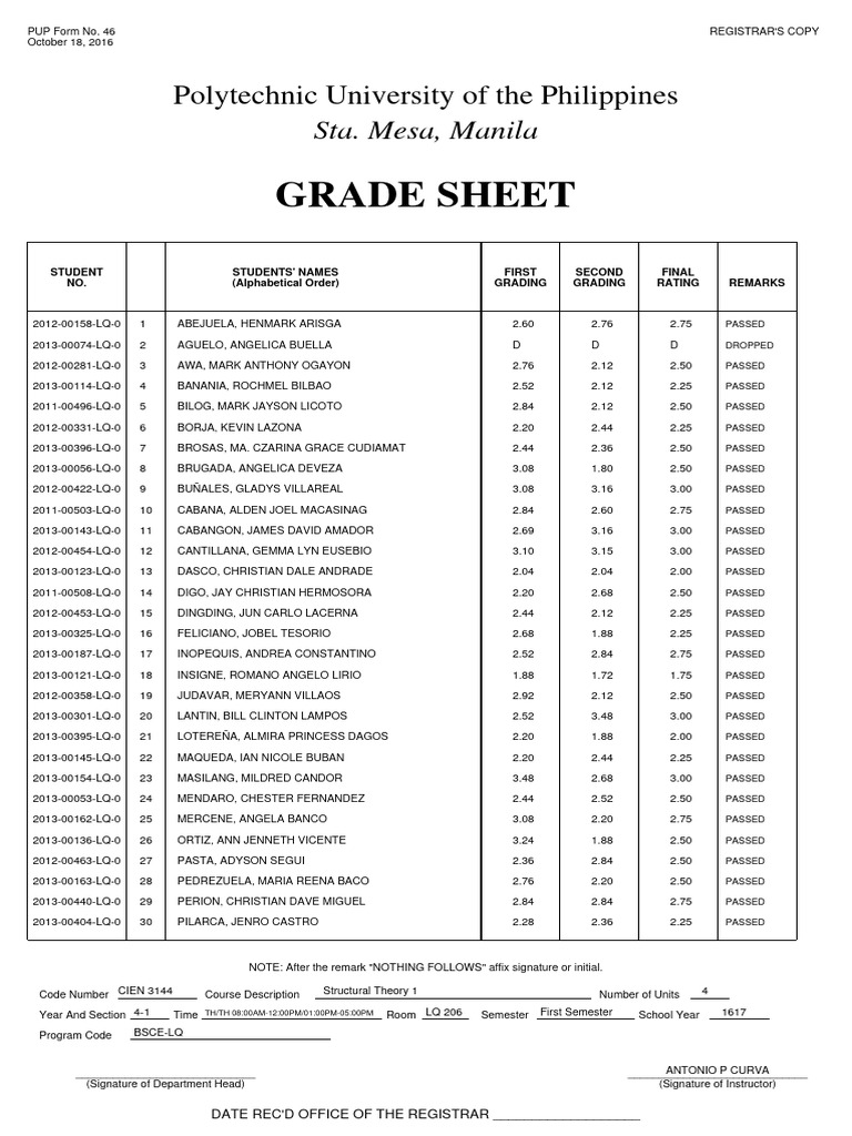 Grade - Sheet Theory 1 | PDF