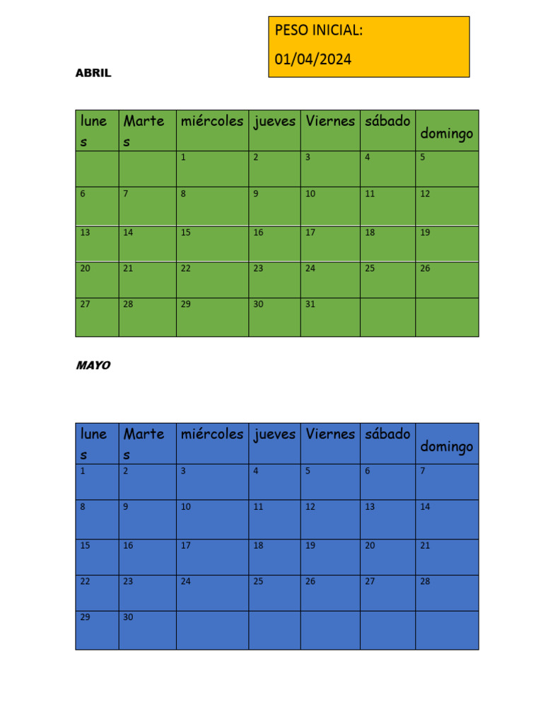Calendario Ejercicios | PDF | Calendario