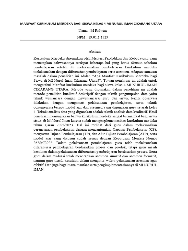 MANFAAT KURIKULUM MERDEKA BAGI SISWA KELAS 4 MI NURUL IMAN CIKARANG UTARA. M Ridwan | PDF