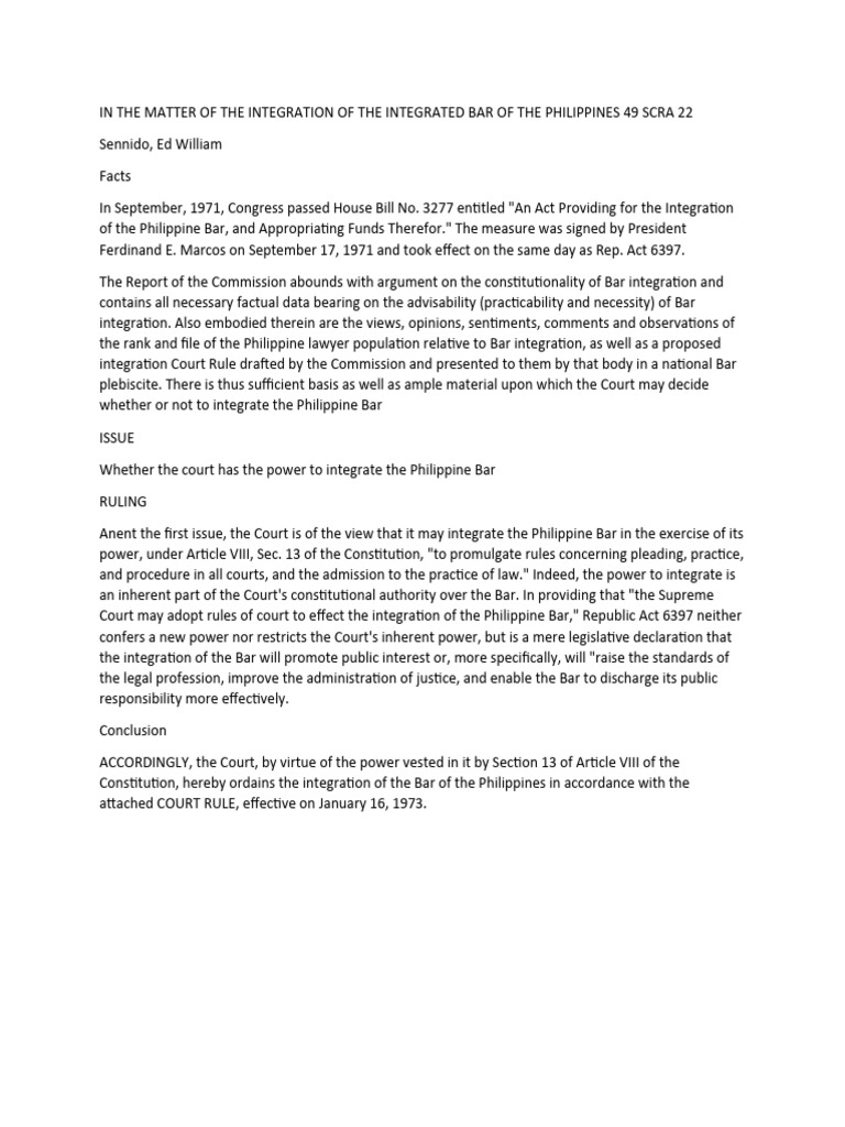 1 in The Matter of The Integration of The Integrated Bar of The ...