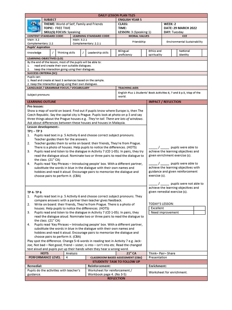 Year 5 English Lesson Plan: Free Time | PDF | Lesson Plan | Teachers