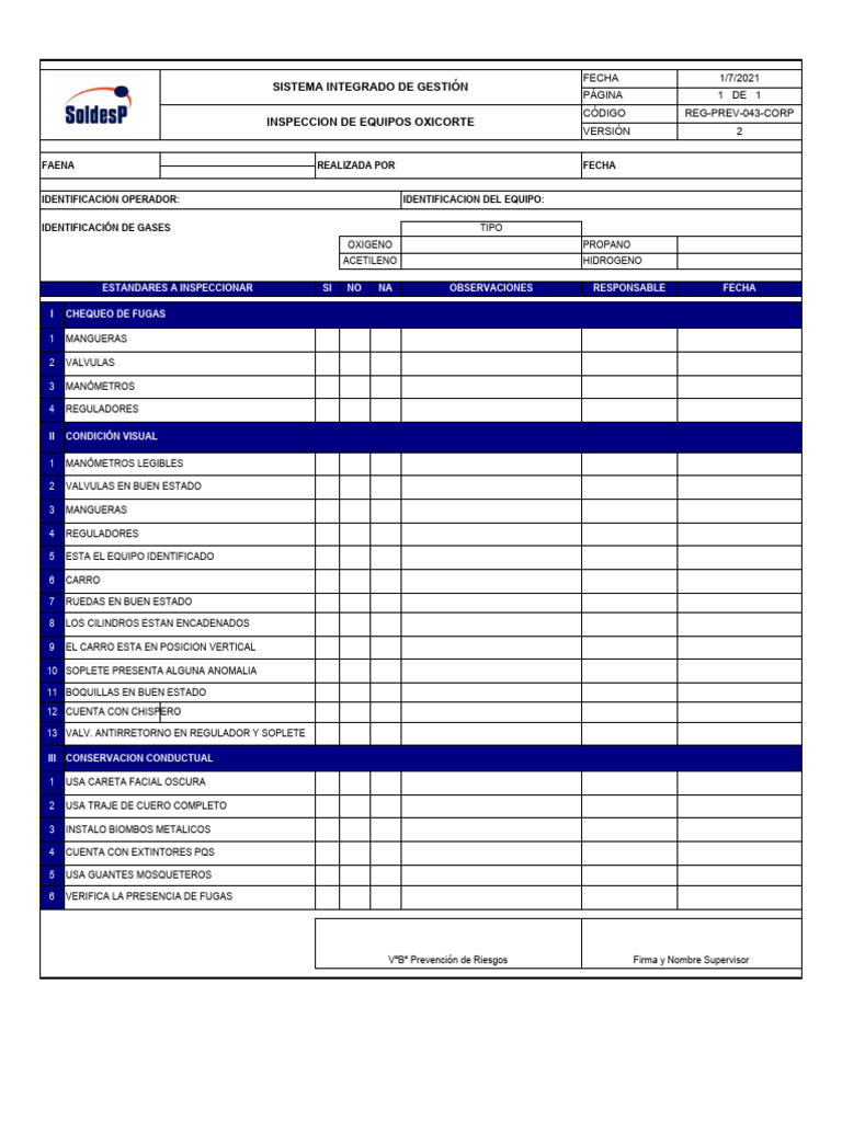 Reg Prev 043 Corp Registro Inspección Oxicorte | PDF | Gases