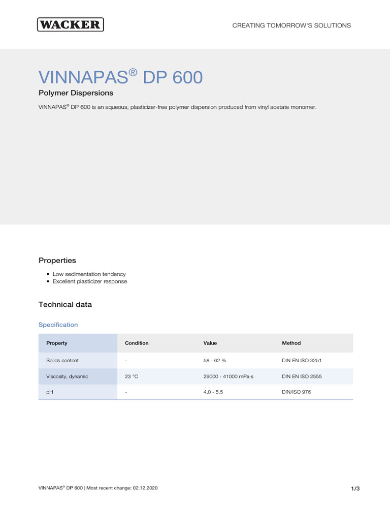 VINNAPAS DP 600 en 2020.12.02 | PDF | Polymers | Adhesive