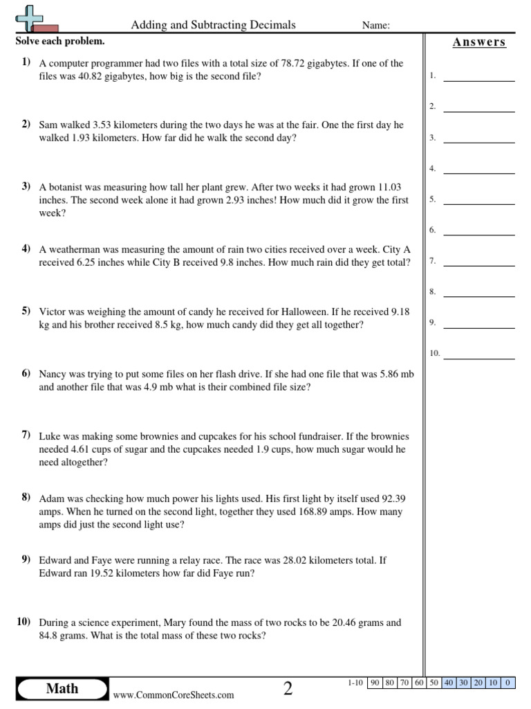 Adding and Subtracting Decimals Answers | PDF