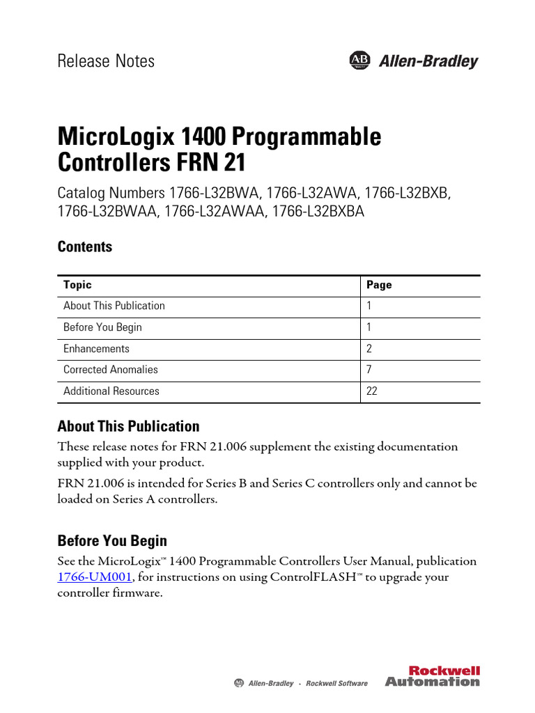 Micrologix 1400 Programmable Controllers FRN 21: Release Notes | PDF ...