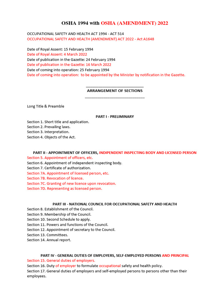 OSHA 1994 & 2022 Amendment Overview | PDF | Occupational Safety And ...