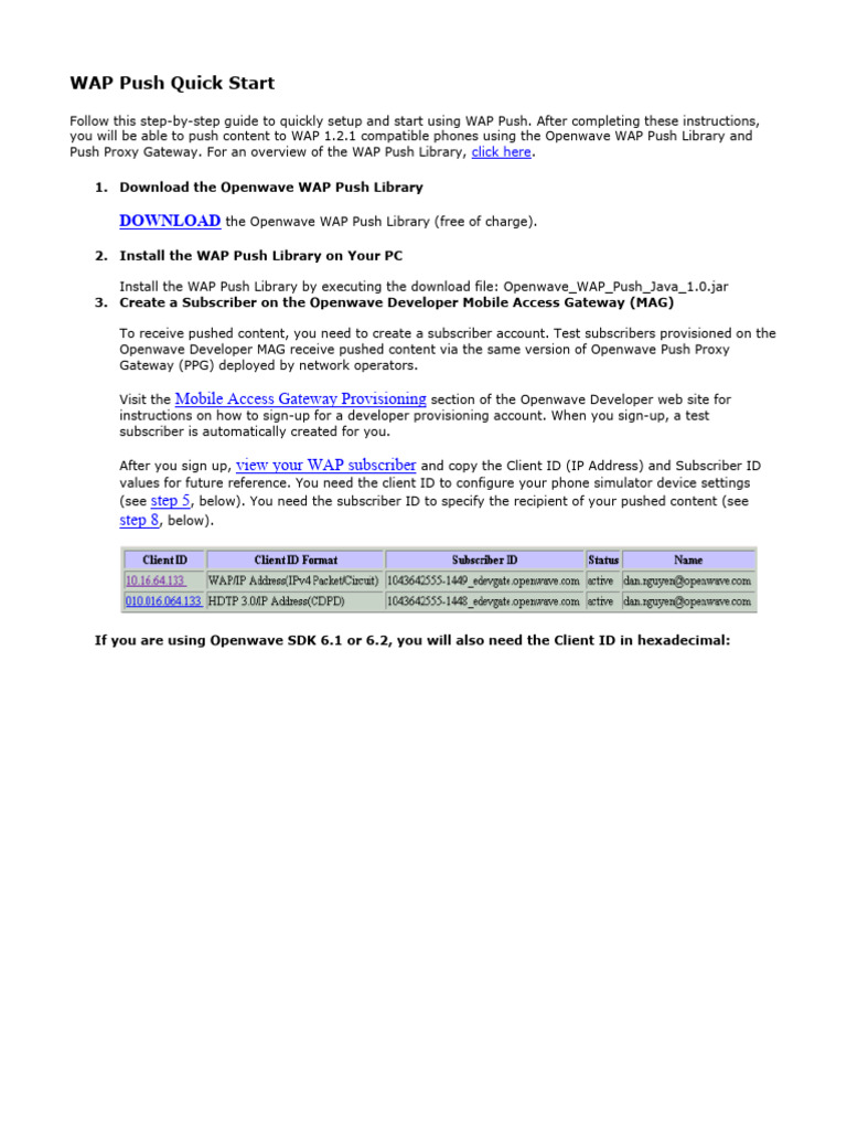 WAP Push Quick Start Link description | PDF | Proxy Server | Button (Computing)
