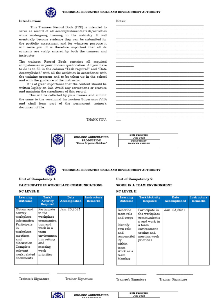 Trainee Record Book for Organic Agriculture | PDF | Vocational ...