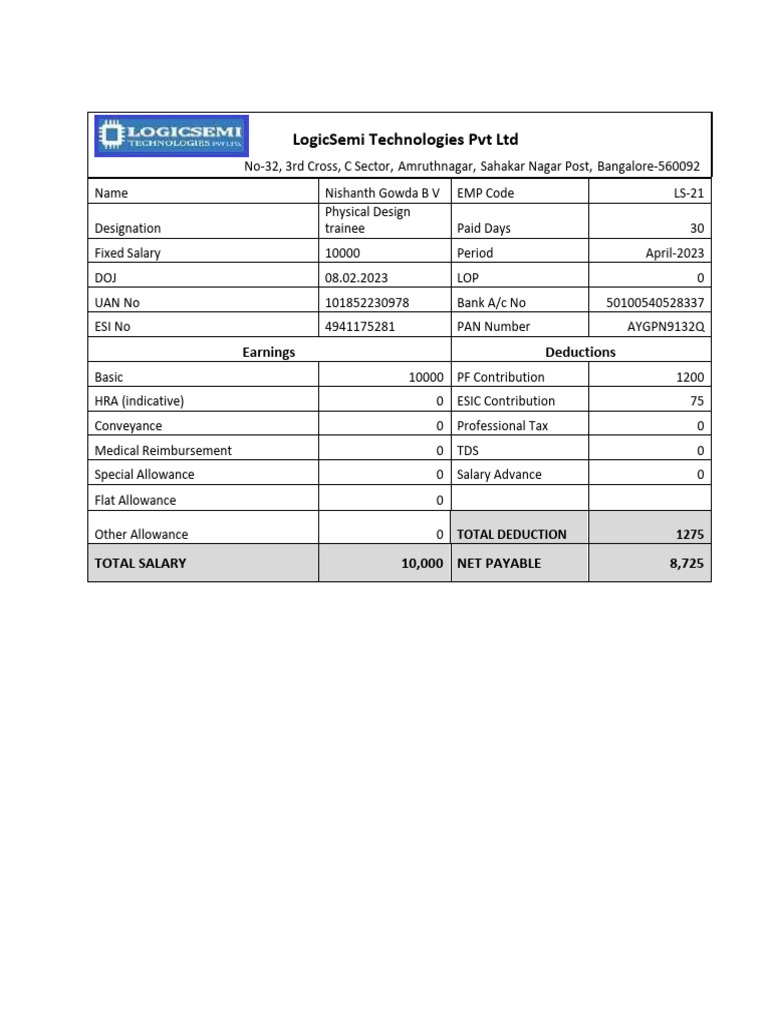 Nishanth Gowda B V Payslip - Apr-2023 | PDF
