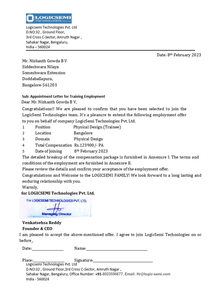 Nishanth Appointment - Letter | PDF | Breach Of Contract | Trade Secret