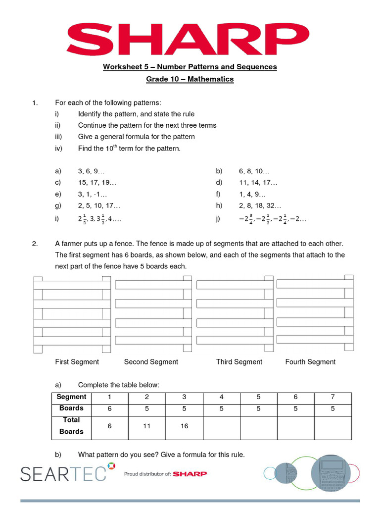 Worksheet 5 Number Patterns and Sequences Grade 10 Mathematics | PDF ...