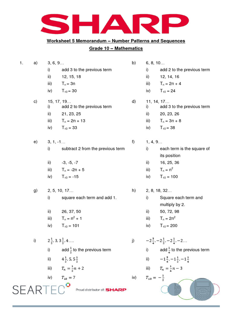 Worksheet 5 Memorandum Patterns Grade 10 Maths | PDF | Mathematics ...