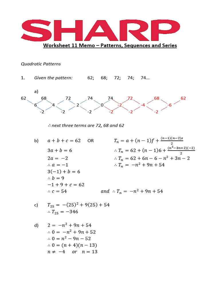 Worksheet 11 Memo - Patterns Sequences and Series | PDF | Discrete ...