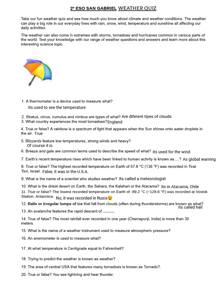 2º ESO Weather Quiz Challenge | PDF