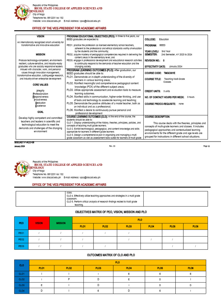 BEED Multi-Grade Teaching Course Syllabus | PDF | Pedagogy | Learning