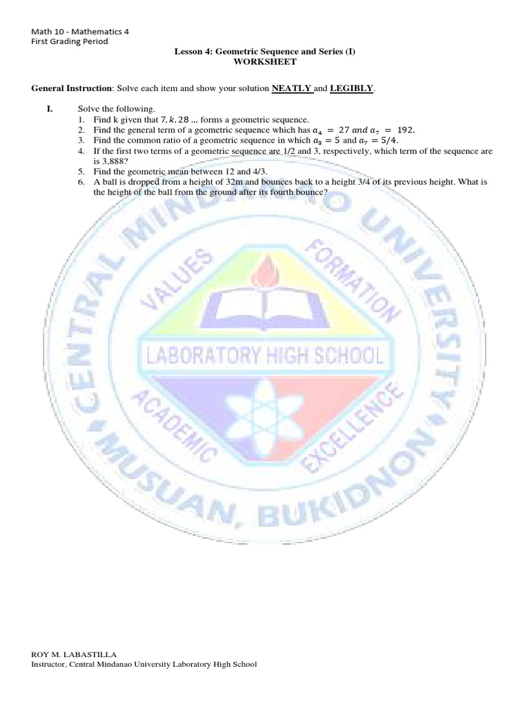 Lesson 4 Geometric Sequence And Series I Worksheet Pdf