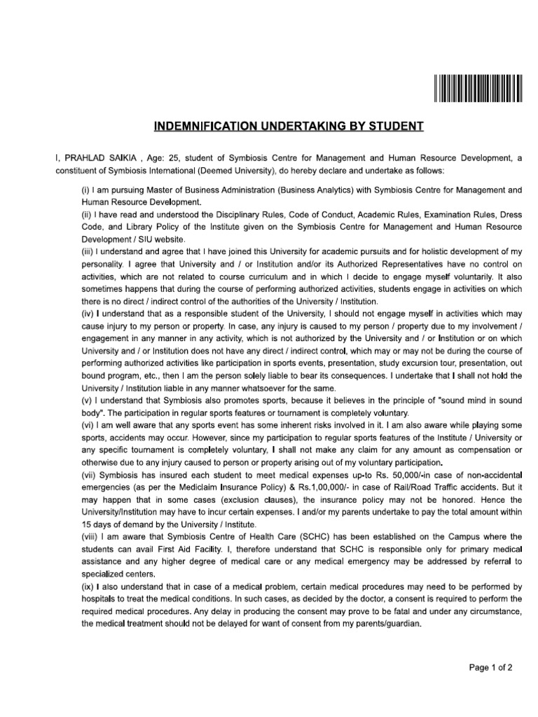 Indemnification Undertaking by Student | PDF