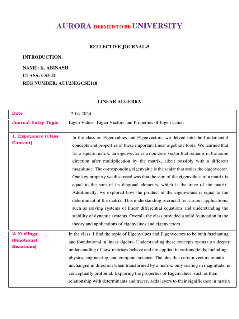 Linear Algebra Journal 5 | PDF | Eigenvalues And Eigenvectors | Matrix ...