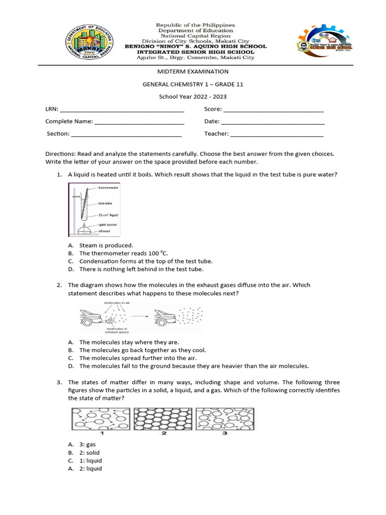 Grade 11 General Chemistry Midterm Exam | PDF | Chemical Reactions ...
