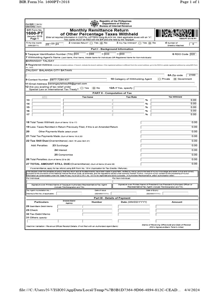 Tal 1600 Pt for Filing | PDF | Taxes | Payments