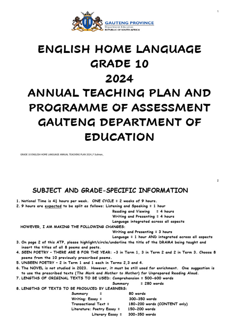 Grade 10 English Home Language Annual Teaching Plan_2024_fs_gde | PDF ...