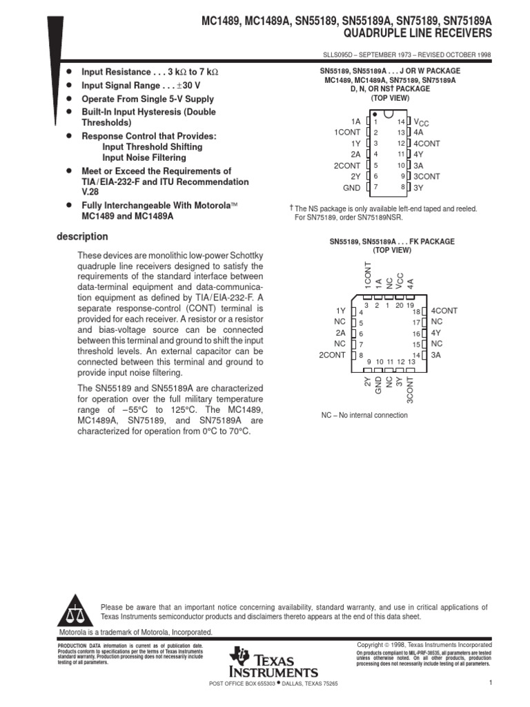 MC1489, MC1489A, SN55189, SN55189A, SN75189, SN75189A Quadruple Line Receivers | Download Free ...