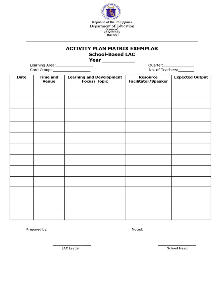 Activity Plan Matrix Exemplar | PDF