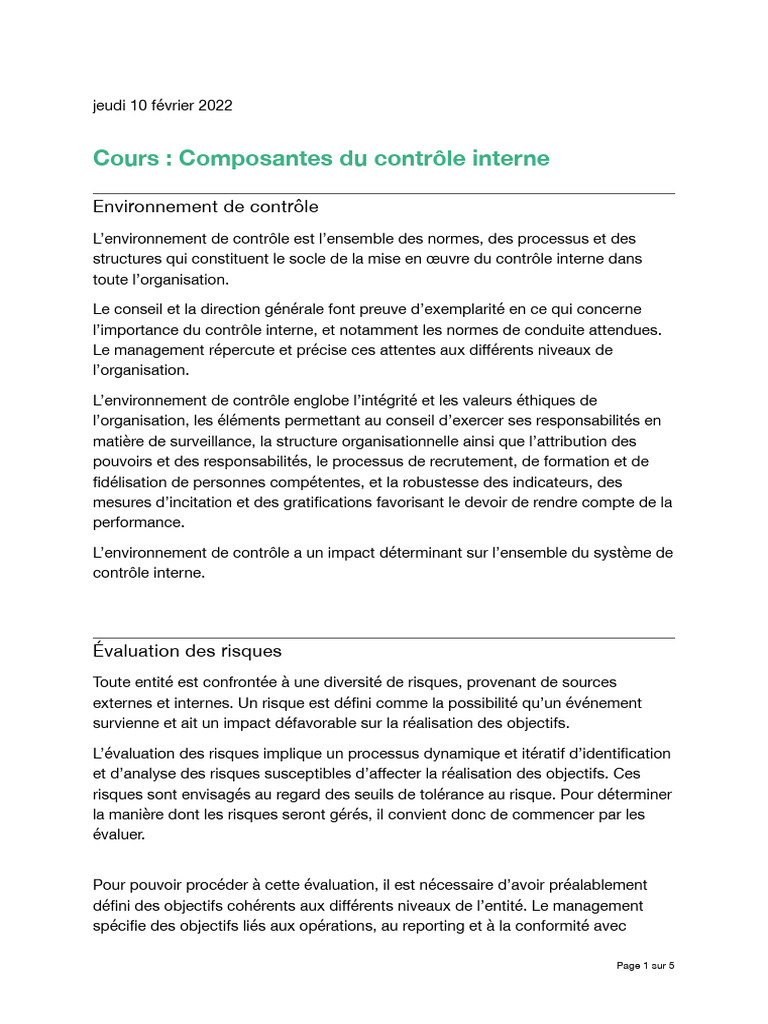 Composantes du contrôle interne expliquées | PDF | Contrôle interne ...