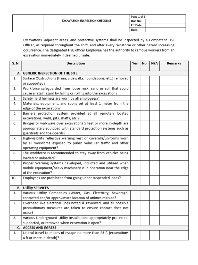Excavation Inspection Checklist | PDF | Safety | Occupational Safety ...