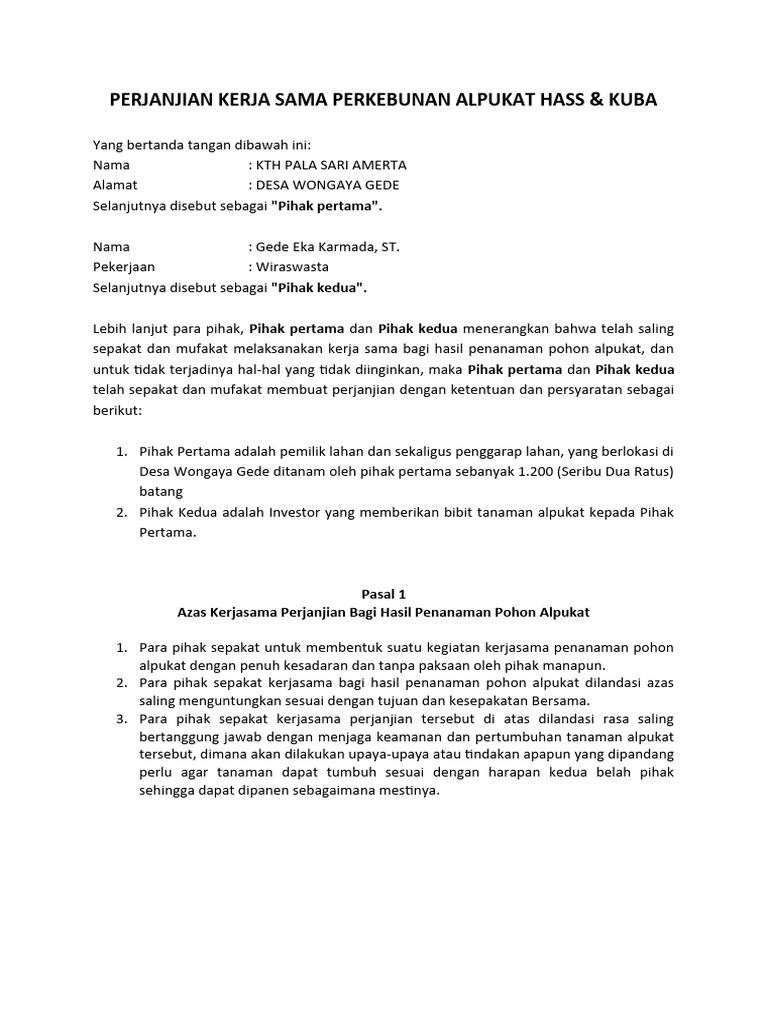 PERJANJIAN KERJA SAMA PERKEBUNAN ALPUKAT HASS | PDF