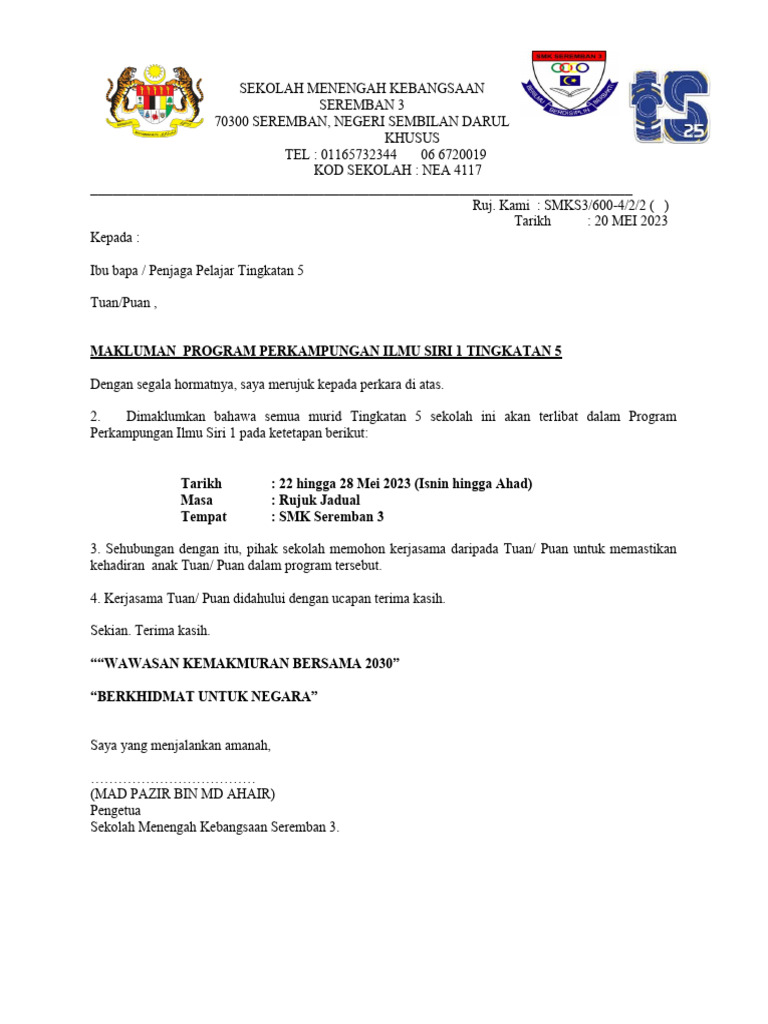 Surat Makluman Ibu Bapa | PDF