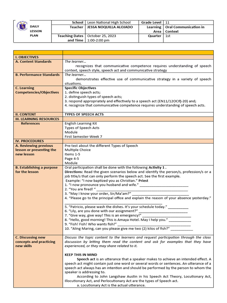 W7_Types of Speech Acts | PDF | Learning | Linguistics