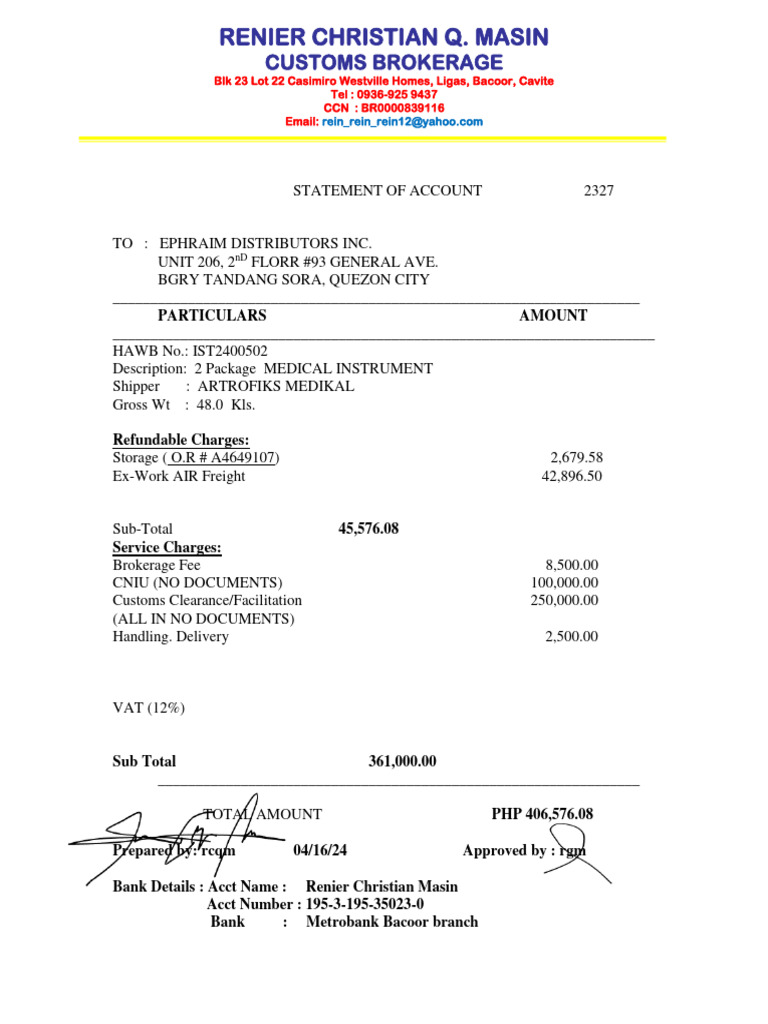 Customs Brokerage Statement of Account | PDF