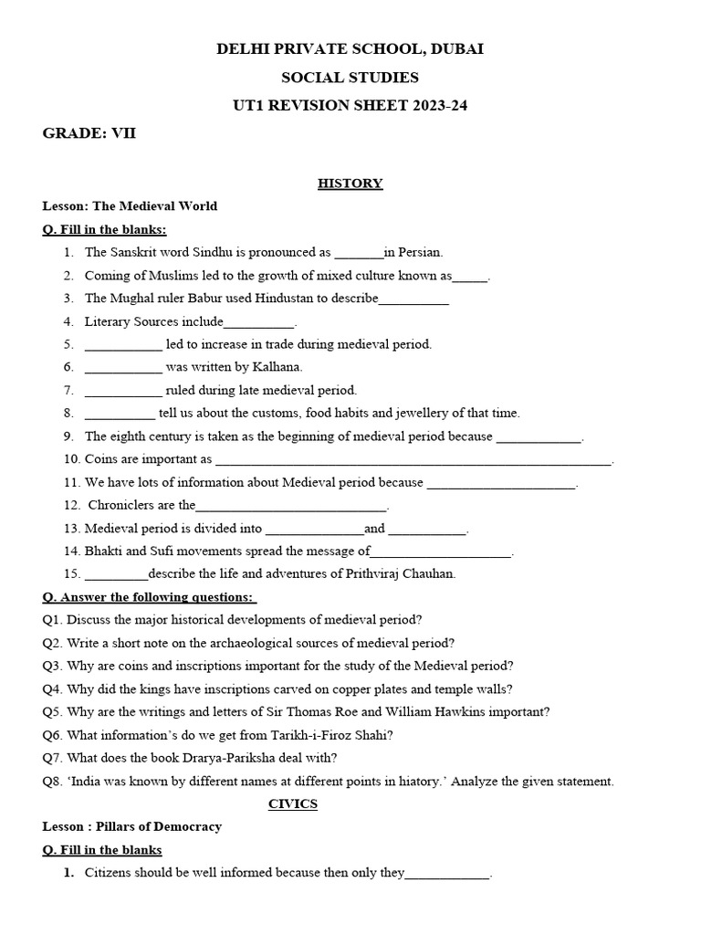 Grade Vii SST Ut-1 Revision Sheet 2023 - 24 | PDF | Rock (Geology ...