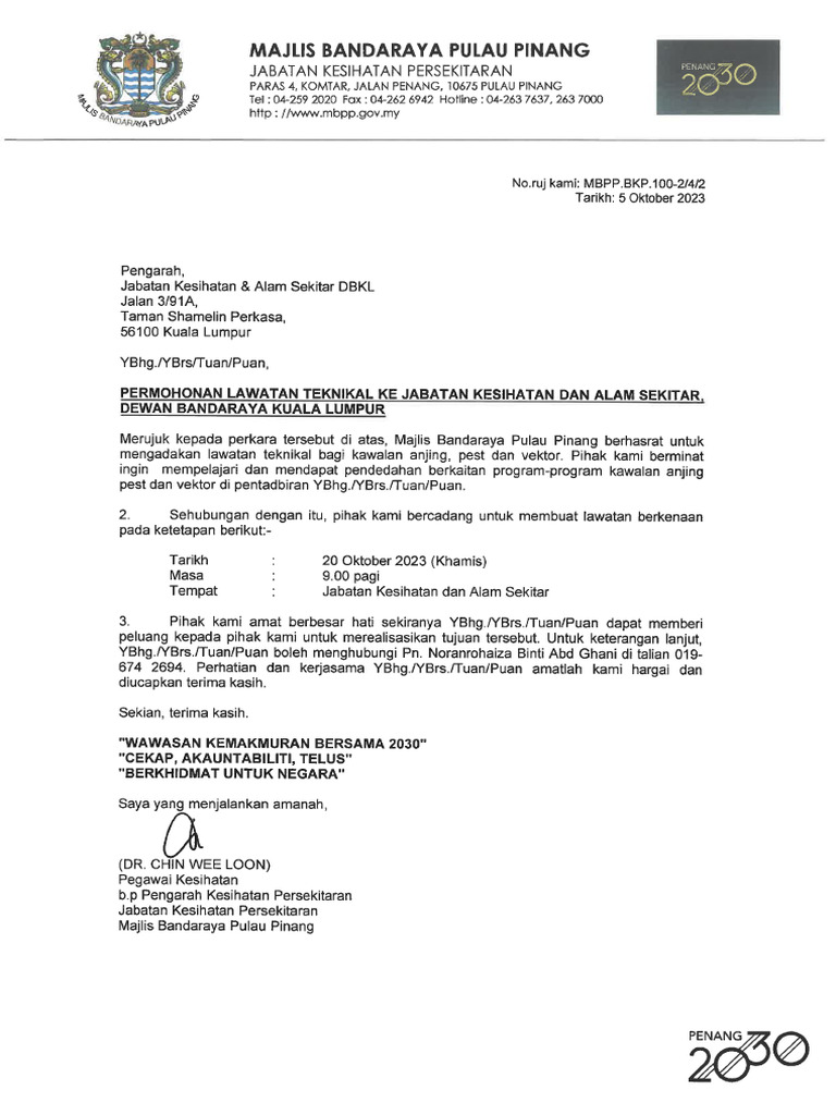 Surat Rasmi Lawatan Teknikal Ke DBKL | PDF