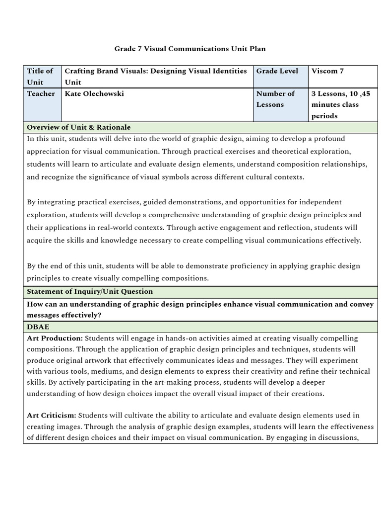 Grade 7 Visual Communications Unit Plan | PDF | Graphic Design ...