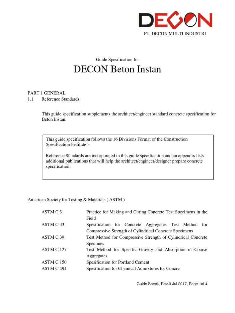 Guide Spec For DECON Beton Instan | PDF | Concrete | Construction Aggregate