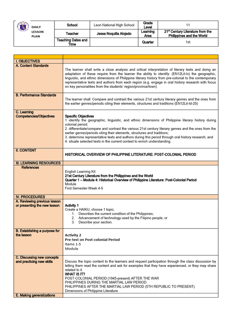Q1 - M4 - Post-Colonial Period | PDF | Learning | Postcolonialism
