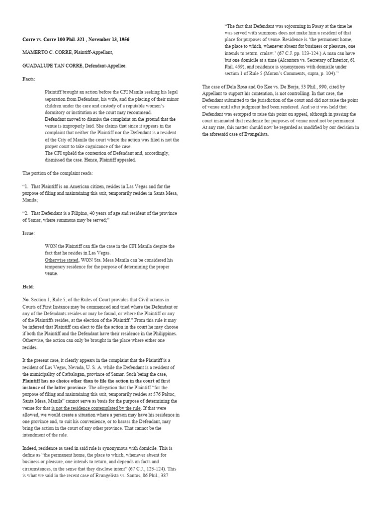 Corre Vs Corre (Case Digest) | PDF | Complaint | Lawsuit