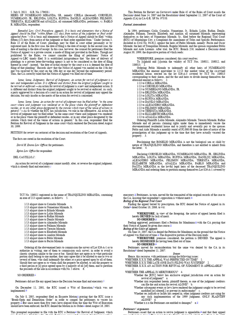 Heirs of Numeriano Miranda Vs Miranda (Full Text) | PDF | Judgment (Law ...