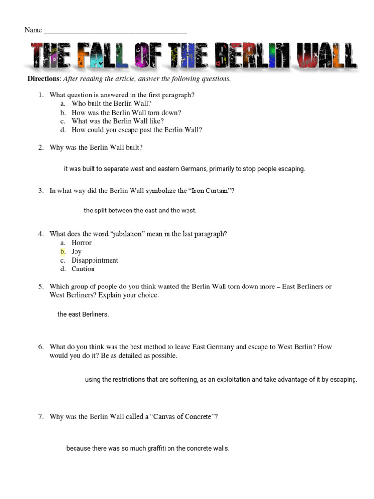 Justin Merritt - Fall of Berlin Wall Student Worksheet | PDF | Berlin ...