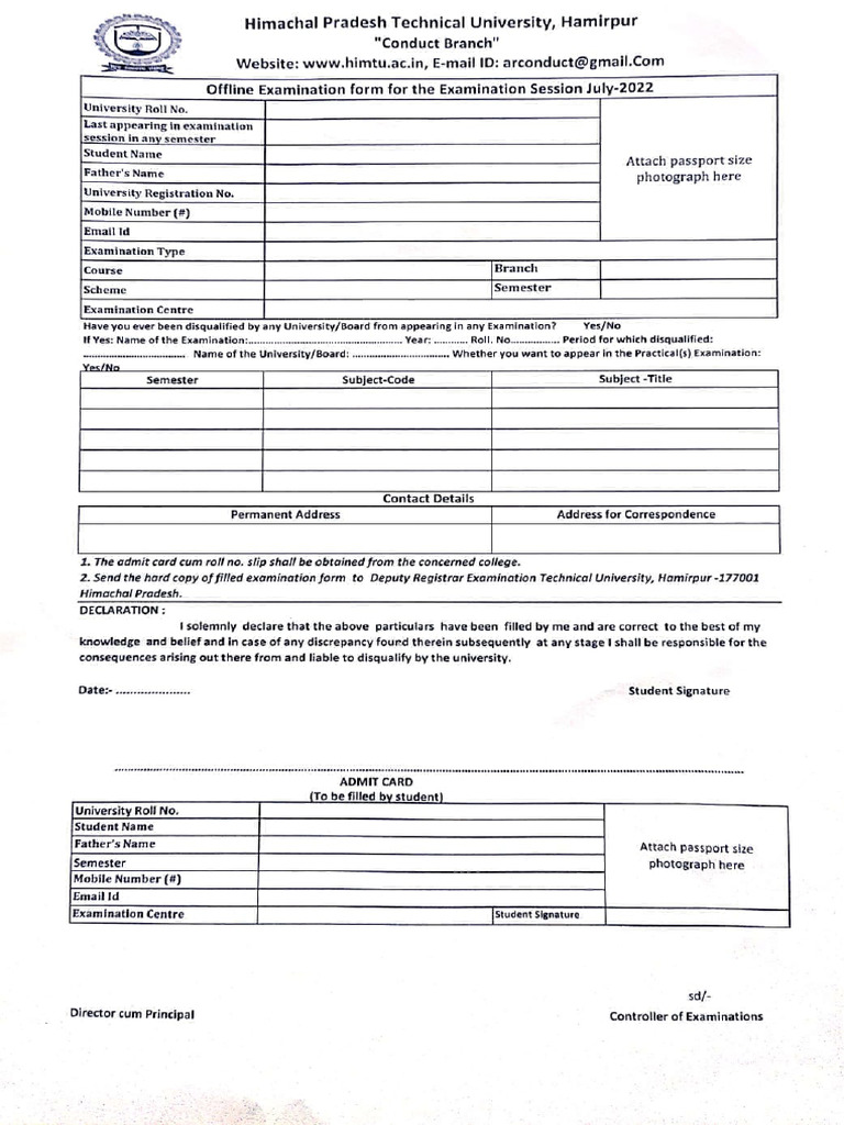 Offline Examination Form For July 2022 | PDF