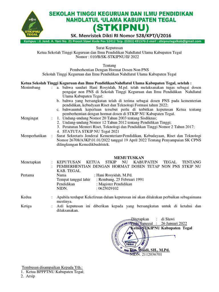 SK Pemberhentian Hani Rosyidah | PDF