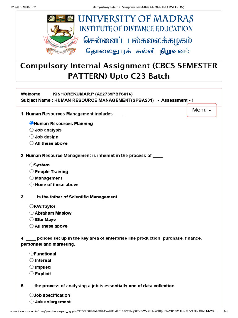 Compulsory Internal Assignment (CBCS SEMESTER PATTERN) | PDF | Human Resources | Human Resource ...