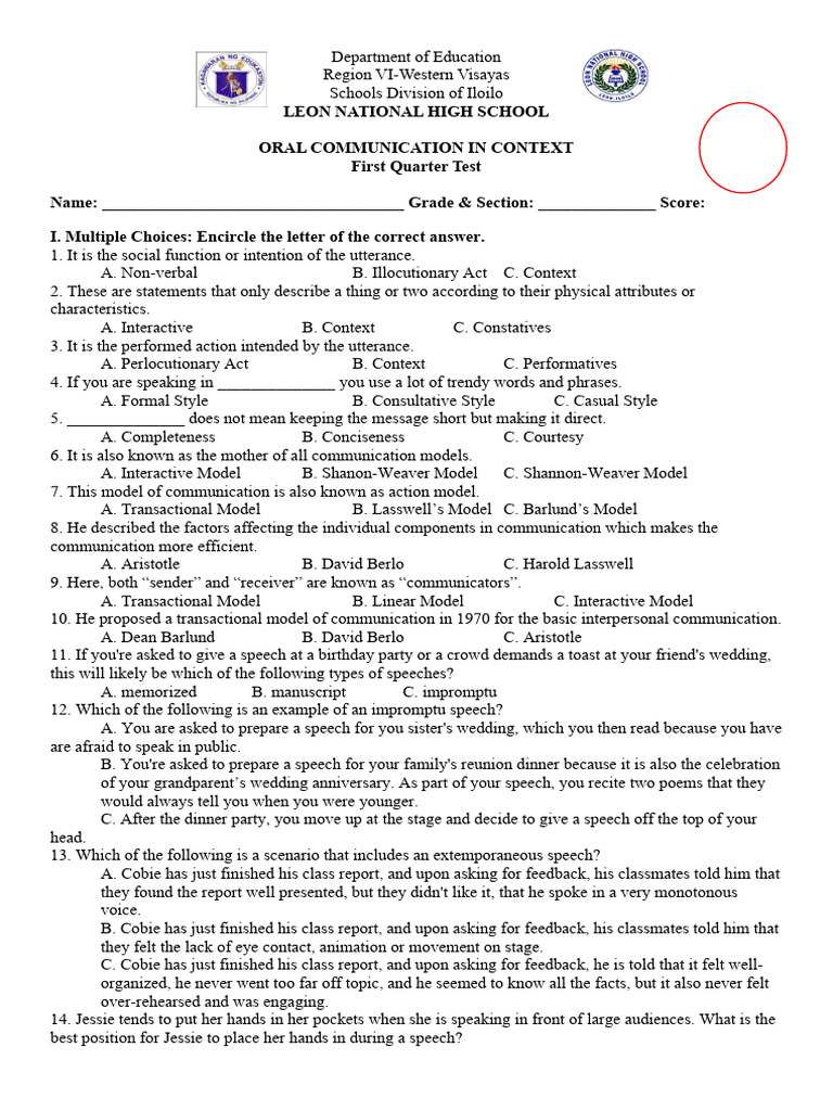 1ST QUARTER EXAM | PDF | Communication | Human Communication