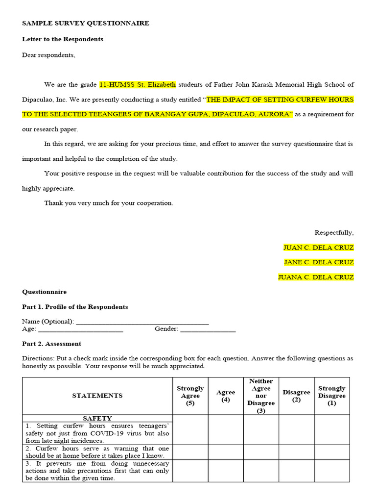 Sample Survey Questionnaire | PDF | Questionnaire | Behavioural Sciences
