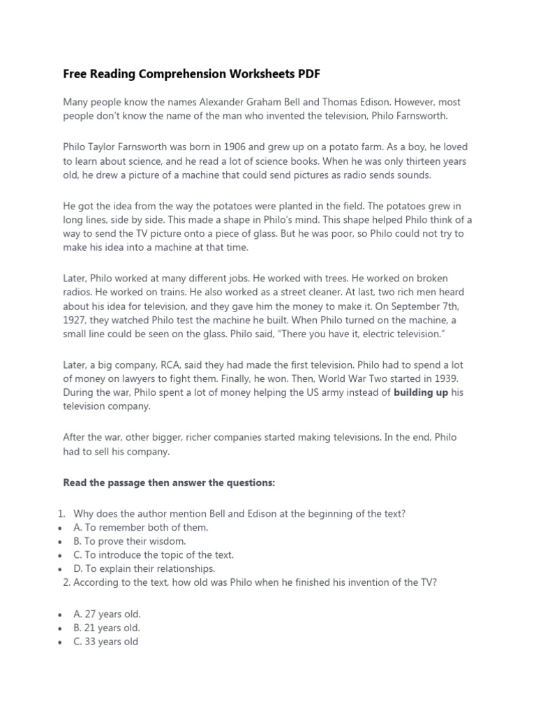 Free Reading Comprehension Worksheets PDF | PDF | General Fiction