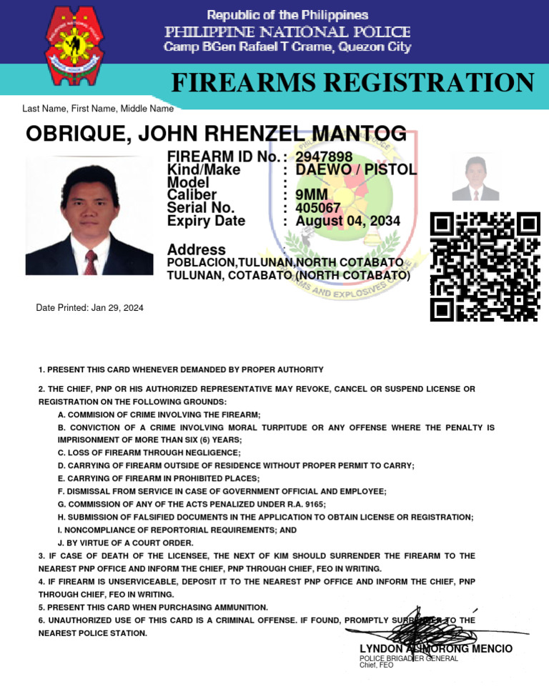 Firearms Registration: Obrique, John Rhenzel Mantog | PDF