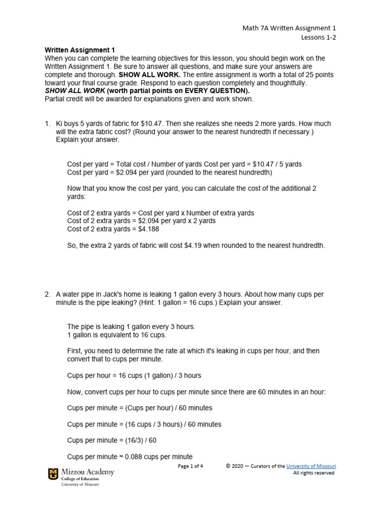 Math 7A Assignment: Unit Rates & Proportions | PDF | Speed